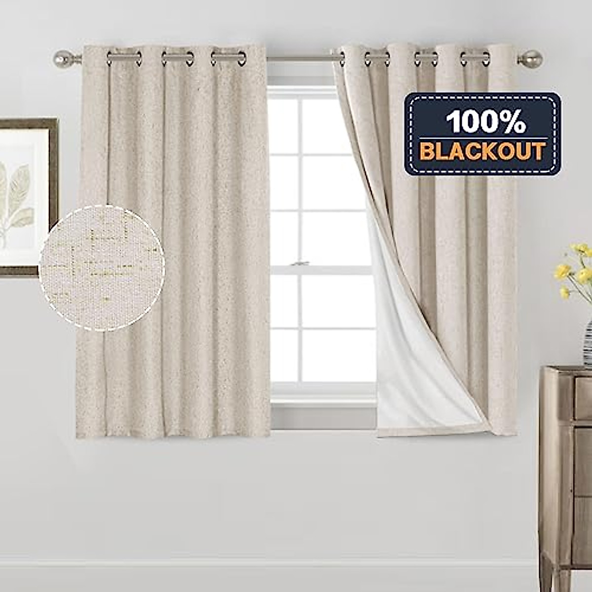 PrinceDeco Primitive Textured Linen 100% Blackout Curtains for Bedroom/Living Room Energy Saving Window Treatment Curtain Drapes, Burlap Fabric with White Thermal Insulated Liner (52 x 54in, Natural)
