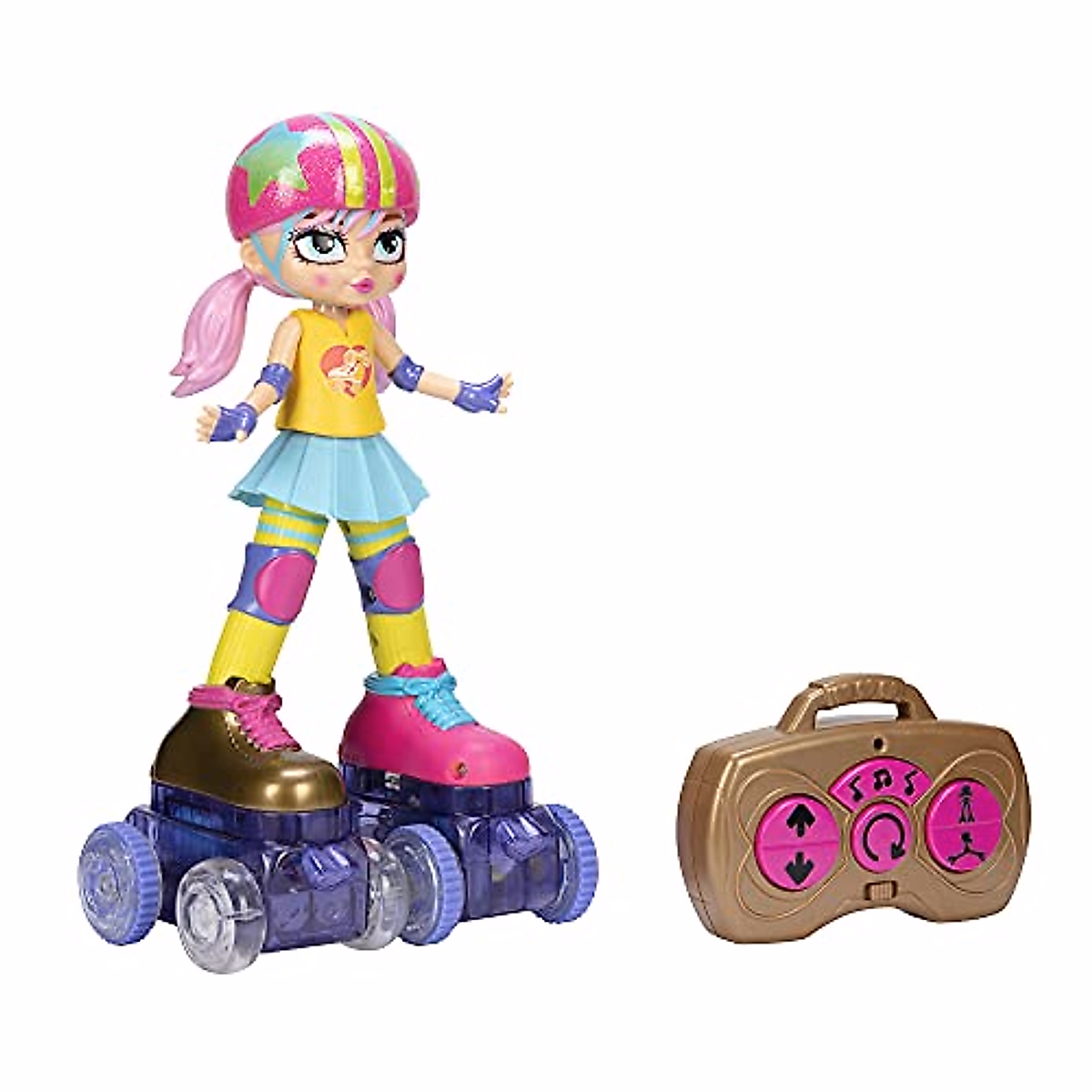 JAKKS Pacific Rock N Rollerskate Doll Rainbow Riley Light Up Remote Control Rollerskating Doll - Plays Music and Skates!, 10" H