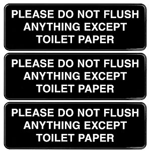 Excello Global Products Please Do Not Flush Anything Except Toilet Paper Sign: Easy to Mount Informative Plastic Sign with Symbols 9"x3", Pack of 3 (Black)