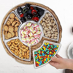 AVLA Ceramic Divided Serving Dishes, Porcelain Relish Tray, Party Appetizer Platter, 6 Removable Snack Bowls with Cattail Basket for Chips and Dips, Candy, Nut, Condiment, Veggie, Portable Handle