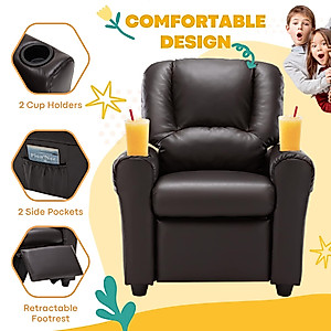 JC Home Contemporary Leather Kids Recliner with Cup Holder and Headrest, Hot Pink