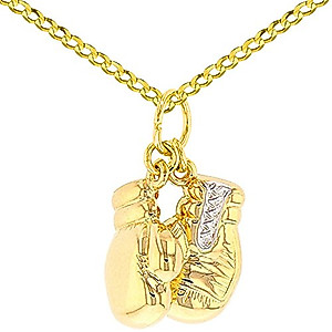 Jewelry America High Polish 14k Yellow Gold 3D Boxing Gloves Charm Sports Pendant Curb Chain Necklace, 24"