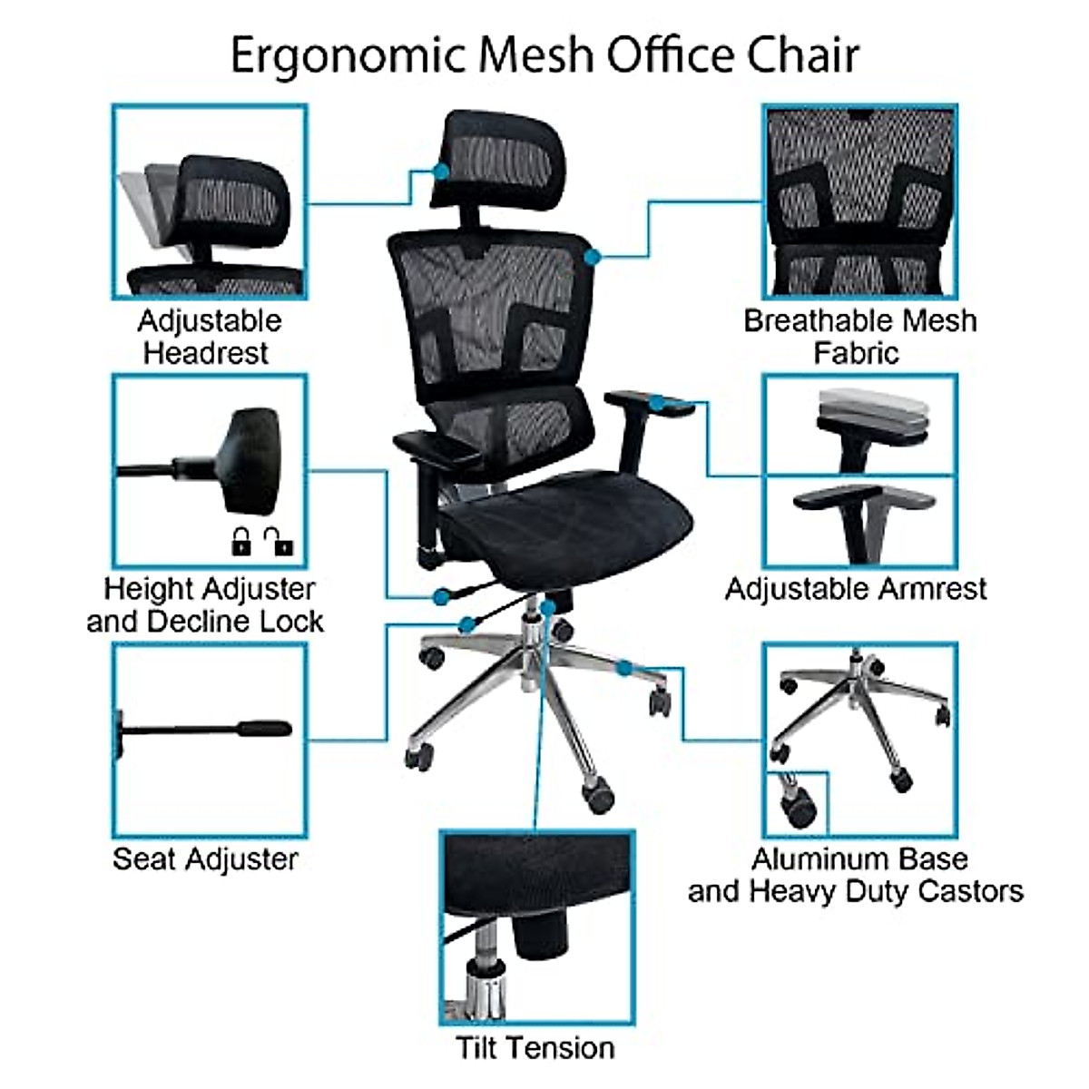 ErgoMax Ergonomic Adjustable, Breathable Mesh Fabric, Home Office Chair, 53 in. Max Height, Gray