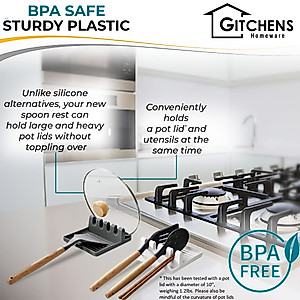 Gitchens Premium Utensil And Spoon Rest with Deep Drip Pad And Pot Lid Holder | Utensils And Spoons Cooking Stand for a Clean Grill, Stove And Kitchen | 2 Pack with Hanging Hooks (Black and Grey)