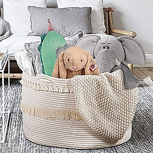 ANTJUMPER Cotton Rope Basket Hamper, Macrame Tassel Storage Basket with Handle Rope Woven Nursery Hamper Storage Bin for Clothes Blankets Pillow and Toys (20"x20"x14")