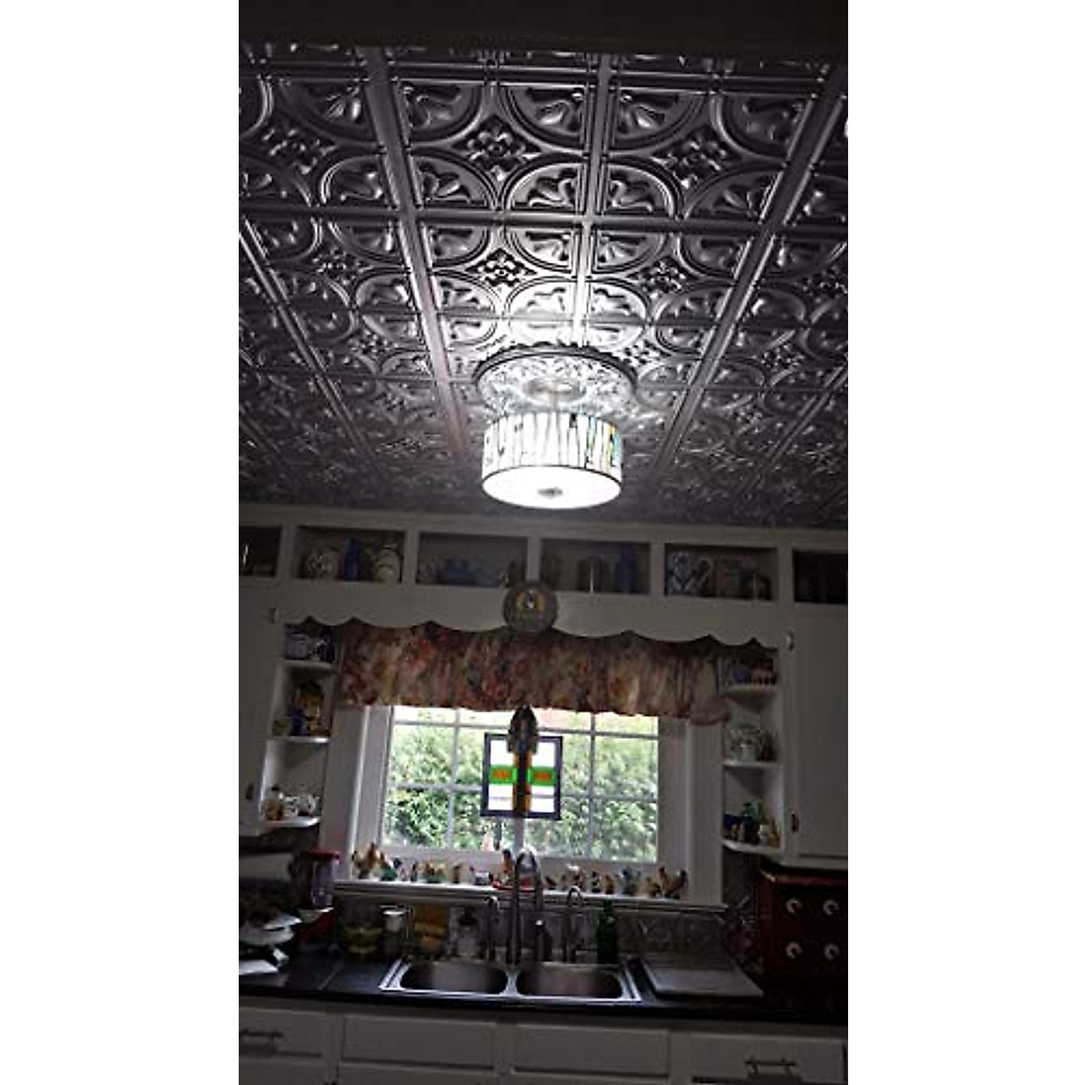 From Plain To Beautiful In Hours 148 Tiny Tulips PVC 2' x 2' Glue-up Ceiling Tile (Covers / 100 sq.ft), Siver, 25 Piece