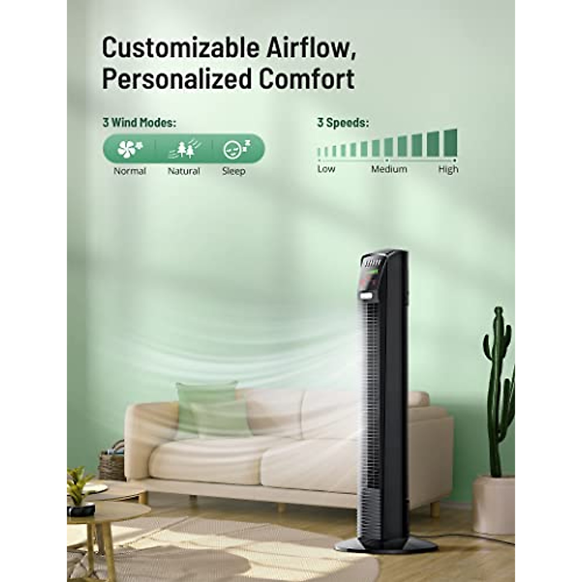 Delvit Tower Fan, Oscillating Quiet Cooling Fan with Remote, Digital Thermostat,12H Timer, 3 Speeds & 4 Modes, Portable Stand Up Floor Bladeless Fan for Bedroom, Living Room, Kitchen, Office