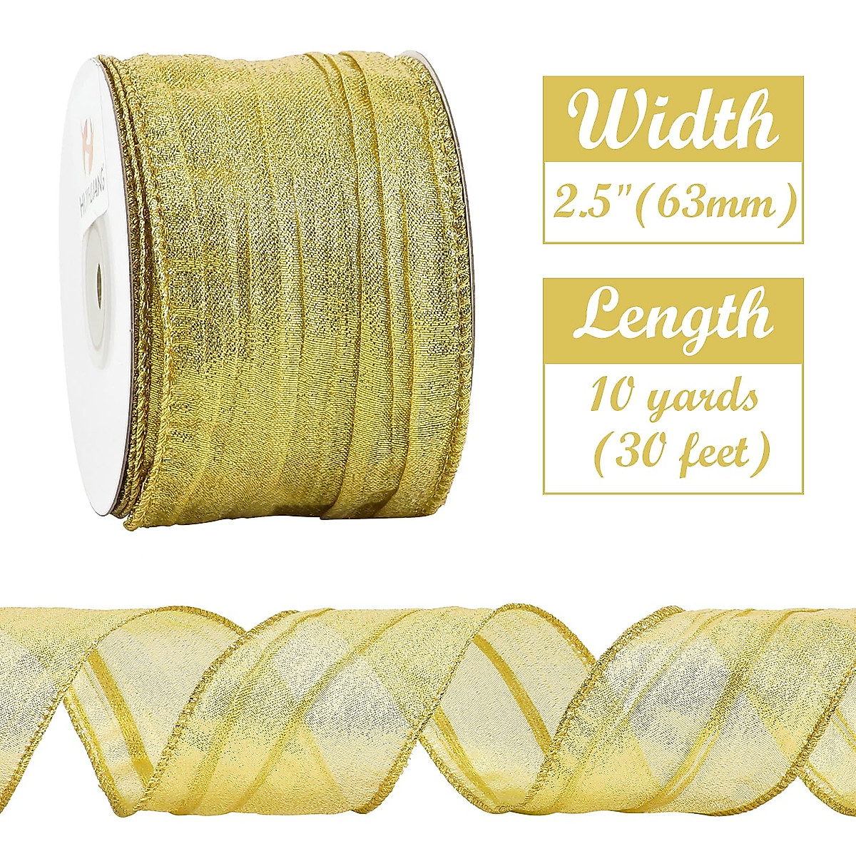 HUIHUANG Gold Wired Ribbon 2-1/2" Metallic Crinkle Gold Christmas Tree Ribbon for Bows Making, Wreath Making Supplies, Gift Wrapping, Holiday Home Decor, Garland, DIY Crafts -10 Yards