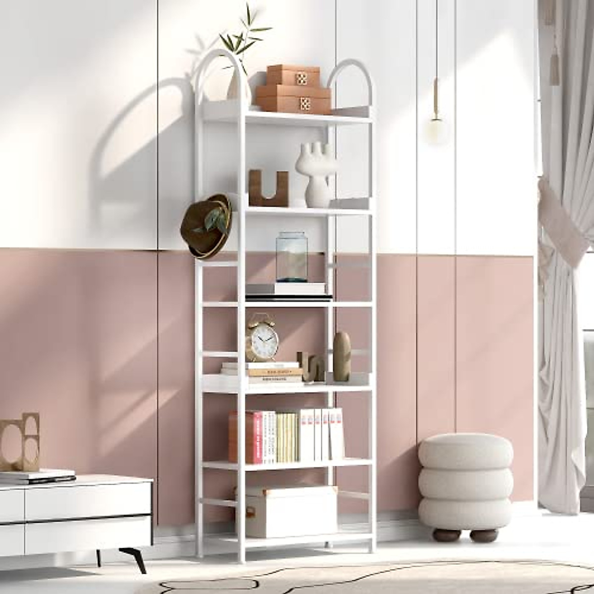 Vlastar 70.8 Inch Tall Bookshelf, 6-Tier Shelves with Round Top Frame, MDF Boards, Adjustable Foot Pads, White