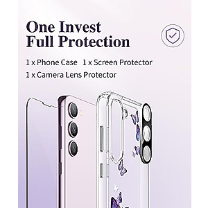 GVIEWIN Compatible with Samsung Galaxy S23 Plus Case with Screen Protector+Camera Lens Protector, Slim Shockproof Clear Floral Pattern Phone Protective Cover for Women 6.6" (Alluring Butterfly/Purple)