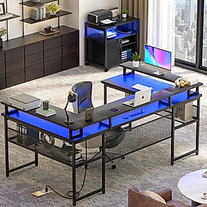 Unikito U Shaped Computer Desks, Reversible Office Desk with LED Strip and Power Outlets, L Shaped Table with Full Monitor Stand and Storage Shelves, 83 Inch Large U- Shape Gaming Desk, Black