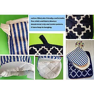 Cotton Oven Mitts and Pot Holder Sets Stripe and Geometric Trellis Pattern 4 Pack Heat Resistant 482°F Cotton Infill Breathable Fabric for Kitchen Cooking Baking