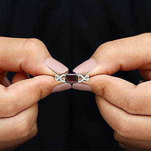 Rosec Jewels Natural Garnet 6X8mm Emerald Cut Engagement Ring, AAA Quality, Garnet Diamond East West Ring - Ready To Gift, 14K White Gold, Size:US 6.00