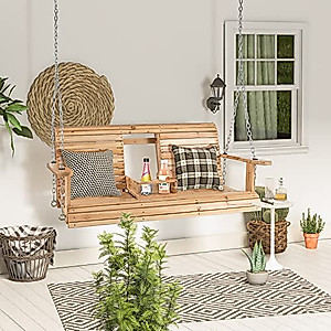 Tangkula 2 Person Hanging Porch Swing, Outdoor Bench Swing with Adjustable Chains, Foldable Cup Holders, High Back, Cozy Armrests, Wooden Hanging Swing Chair for Backyard Deck Garden Natural