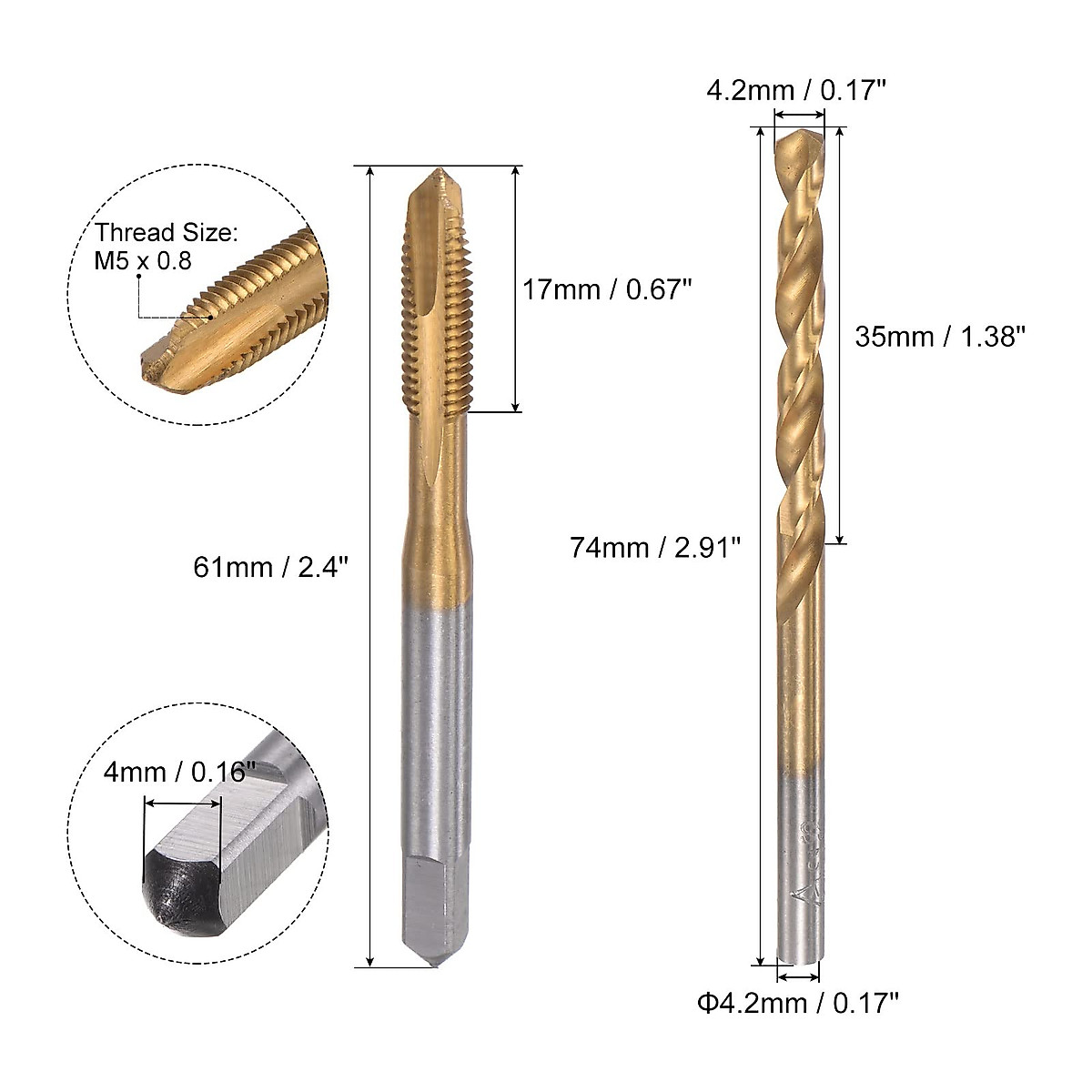 uxcell M5 x 0.8 Spiral Point Thread Tap and 4.2mm Twist Drill Bit Set, Metric Titanium Plated 6542 High Speed Steel Machine Screw Thread Tap Threading Tool