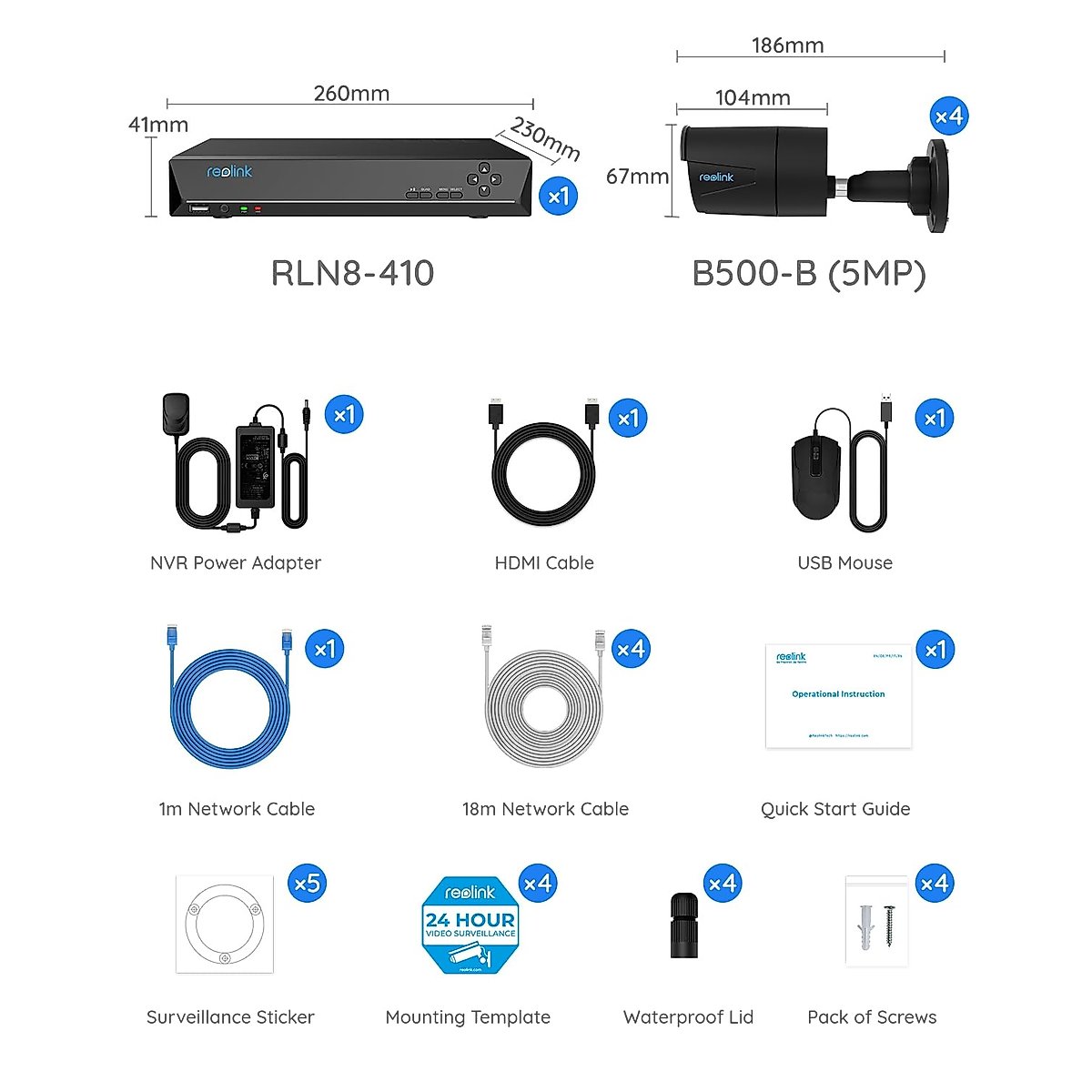 REOLINK 8CH 5MP Black Security Camera System, 8pcs Person/Vehicle Detection Smart 5MP Wired Outdoor PoE IP Cameras, 8MP 8-Channel NVR with 2TB HDD for 24/7 Recording, Bundle with RLC-510A Black