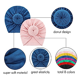 8 Pack Solid Green Blue Red Pink Gray Large Donut Ball Knot Bow Cotton Beanie Turban Hat Cap India Muslim Islamic Headwrap Winter Hospital Nursery for Newborn Baby Girl Infant Toddler Kids