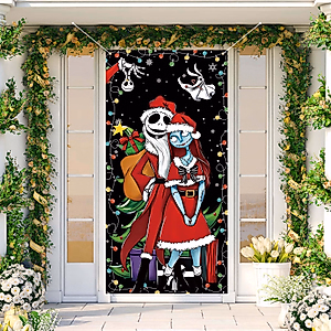 Jack Skeleton and Sally Door Cover Nightmare Before Christmas Front Porch Door Sign Banner Christmas Xmas Winter Holiday Decorations Outdoor Outside for Home