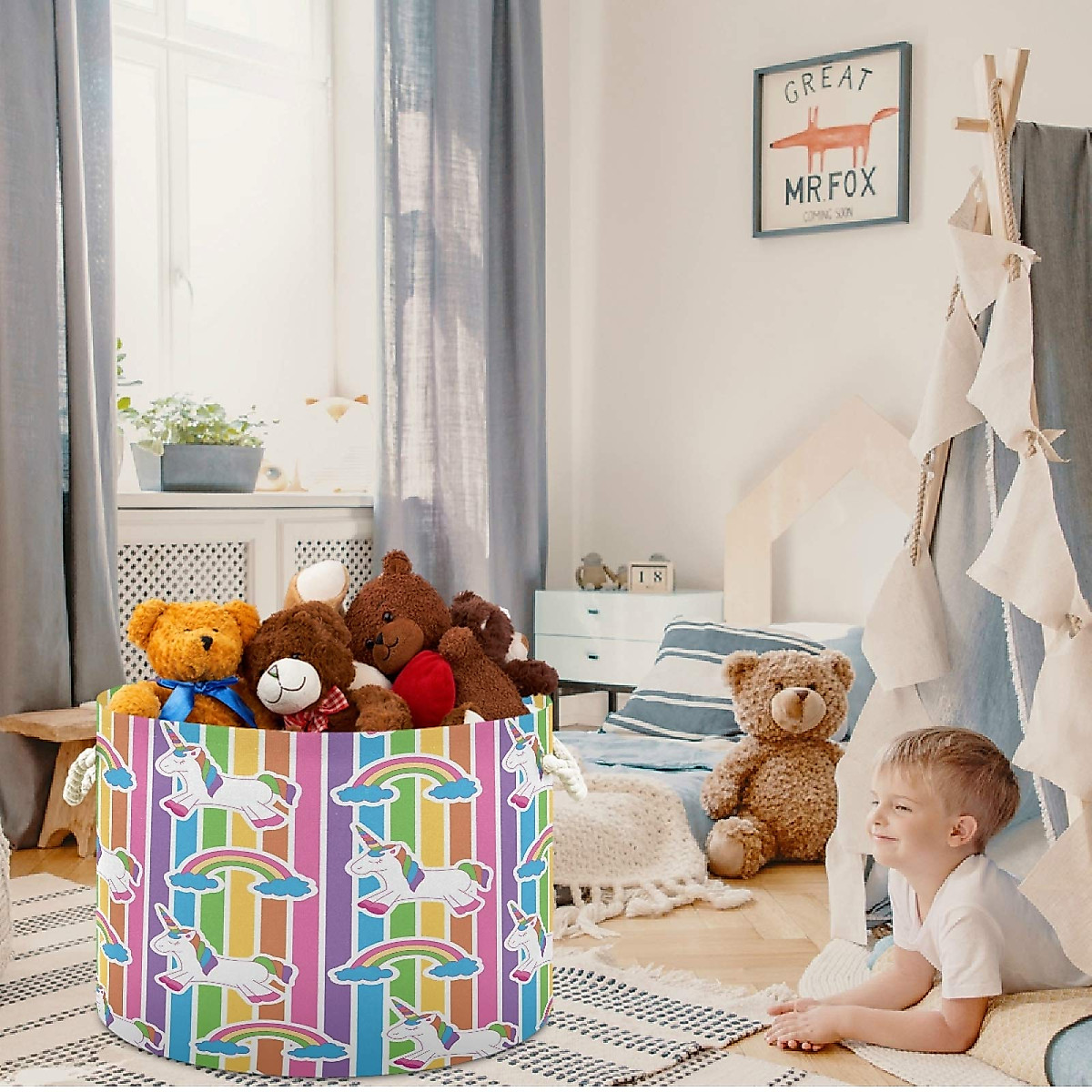 visesunny Storage Basket Unicorn Rainbow Stripe Nursery Hamper Basket Clothes Toy Storage Organizer Bin Box Collapsible Laundry Bag for Kid Room,Playroom,Bathroom,Living Room,Dorm