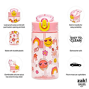 Zak Designs Kids Water Bottle For School or Travel, 16oz Durable Plastic Water Bottle With Straw, Handle, and Leak-Proof, Pop-Up Spout Cover (Sunny Smiles)