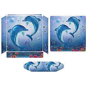 Dolphin Family in Colorful Tropical Ocean Sticker for P-S4 Controller Full Protective Skin Cover Design Wrap Decal Sticker Compatible with P-S4 Print