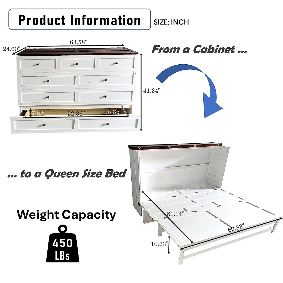 Wakefit Queen Murphy Bed Chest with Charging Station and Large Storage Drawer, Solid Pine Murphy Bedframe for Home Office Small Room, No Spring Box Needed, White+Brown