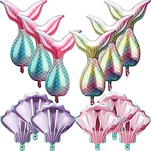12 Pcs Mermaid Birthday Party Decorations Mermaid Tail Balloons Sea Shells Balloons Bright Colored Garland Arch Kit Ocean Helium Foil Balloons for Birthday Party Baby Shower Summer Beach Wedding
