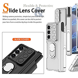 Miimall Compatible for Samsung Fold 5 Case Cover with Pen Holder, [Front Screen Protector] [Sliding Camera Cover ] Military Grade Anti-Scratch Bumper Case for Samsung Galaxy Fold 5 5G (Elegant Silver)