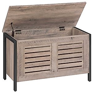 HOOBRO Storage Chest, Wooden Toy Chest, Retro Toy Box Organizer with Safety Hinge, Sturdy Storage Bench, Metal Frame, Supports 220 lb, Louvered Door, for Bedroom, Living Room, Greige BG85CW01G1