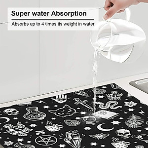 Dish Drying Mat For Kitchen Counter Skull Cat Moon Gothic Design Super Absorbent Microfiber Drainer Mat Extra Large Dishes Drainer Pad Kitchen Decor Accessories