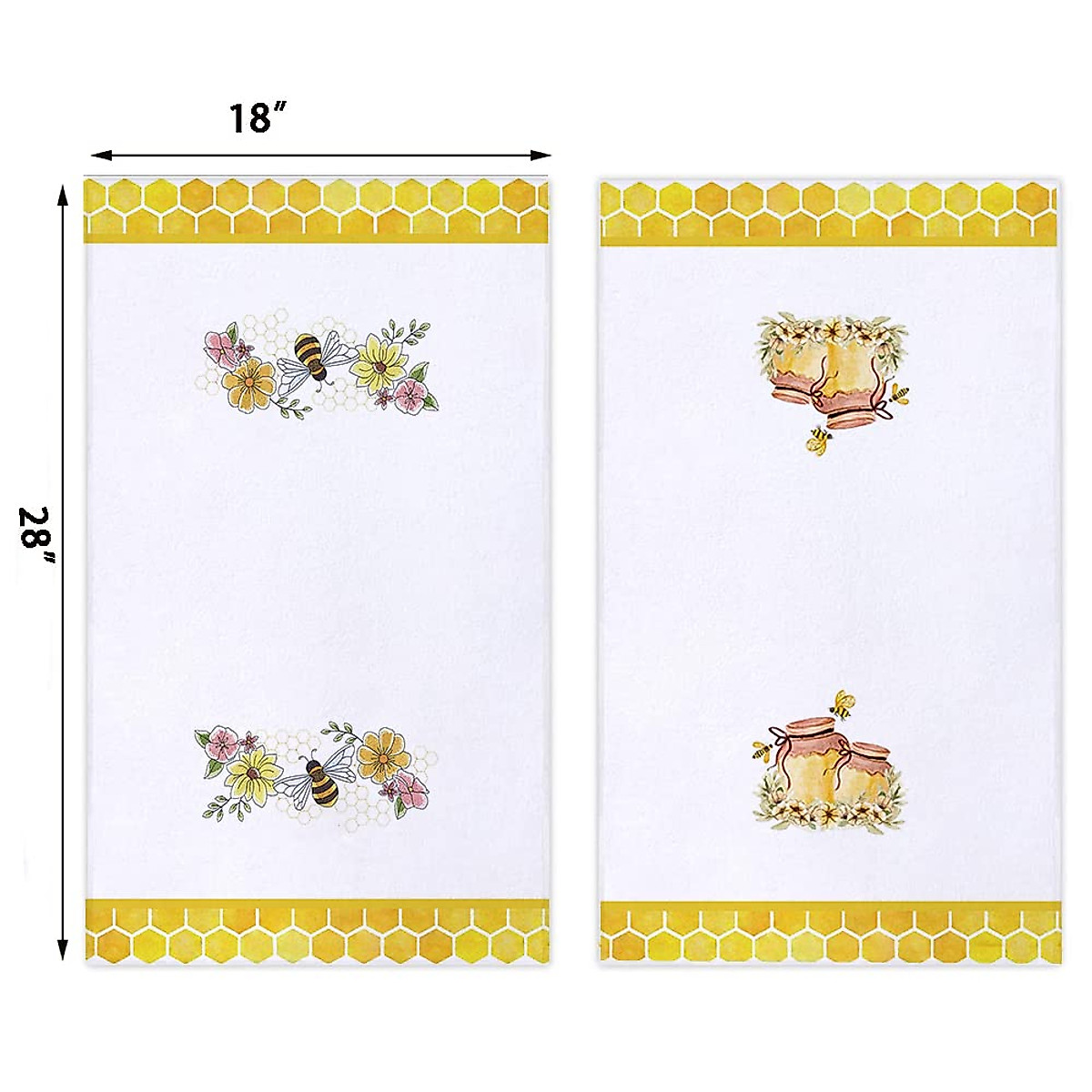Watercolor Bee Flowers Kitchen Dish Towel 18 x 28 Inch, Honey Jar Summer Towels Dish Cloth for Cooking Baking Set of 2