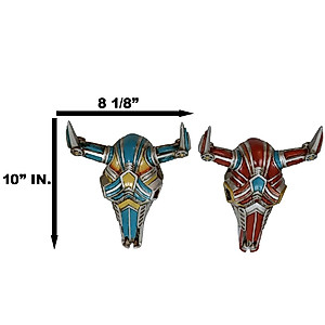 Ebros Gift Set of 2 Red and Blue Western Robotic Cyborg Horned Cow Skull 10" H Wall Decor Sculptures Wildlife Bisons Bulls Spirit Totem Accent Sculpture