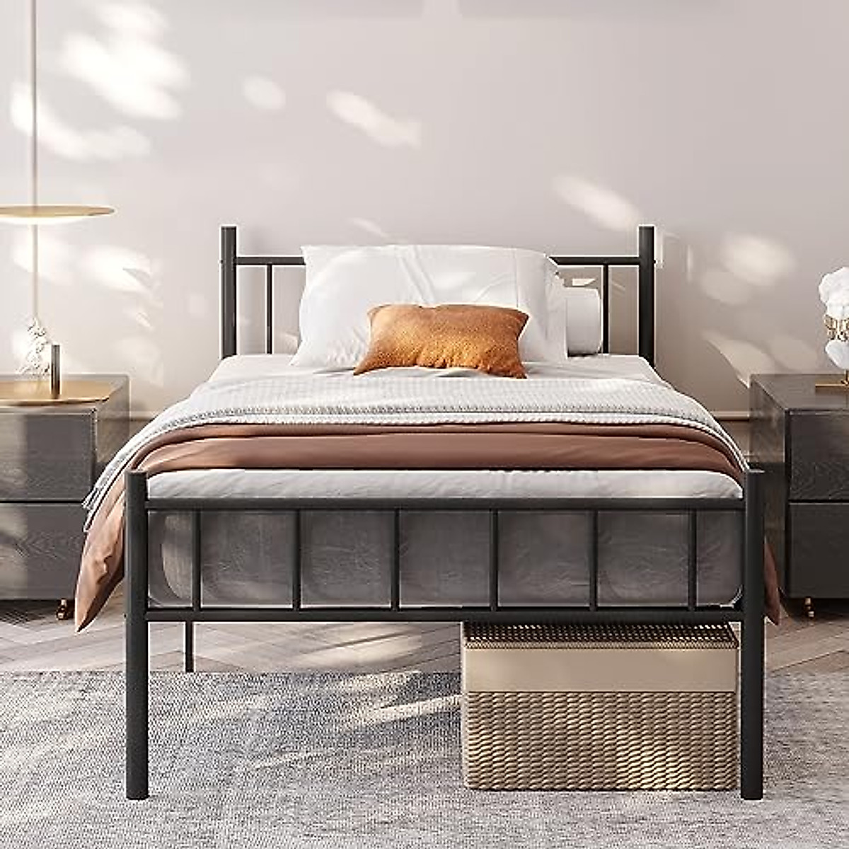 zunatu Metal Bed Frame Platform with Headboard & Footboard Heavy Duty Sturdy Foundation with Storage Space Squeak Resistant Easy Assembly,NO Box Spring Needed,Twin