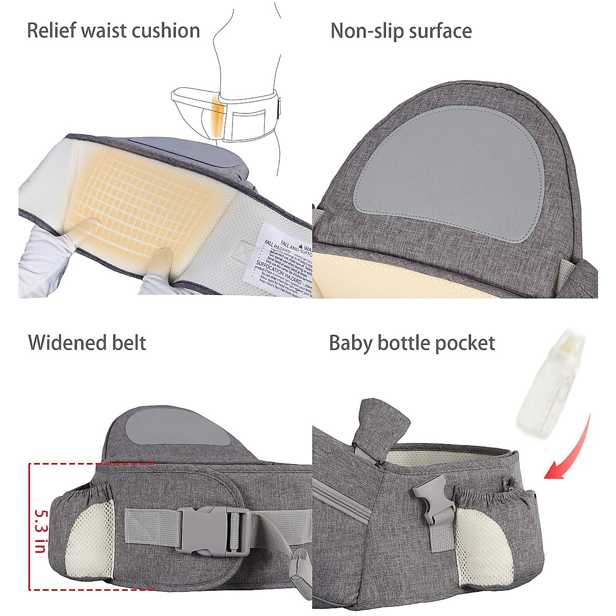 Baby Hip Seat Carrier Baby Waist Stool for Child Infant Toddler with Adjustable Strap Buckle Pocket Soft Inner Huge Storage (Dark Grey)