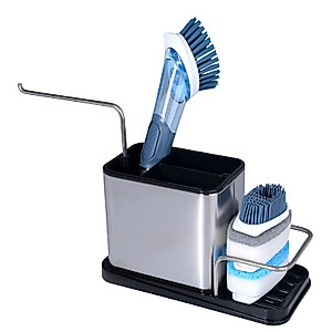 Simpl Home Kitchen Sink Organizer Set - Stainless Steel Sponge Holder Includes Soap Dispenser, Dish Scrubber with 4 Brush Heads Rust-Proof Storage Caddy Hooks Organization Accessories, Black