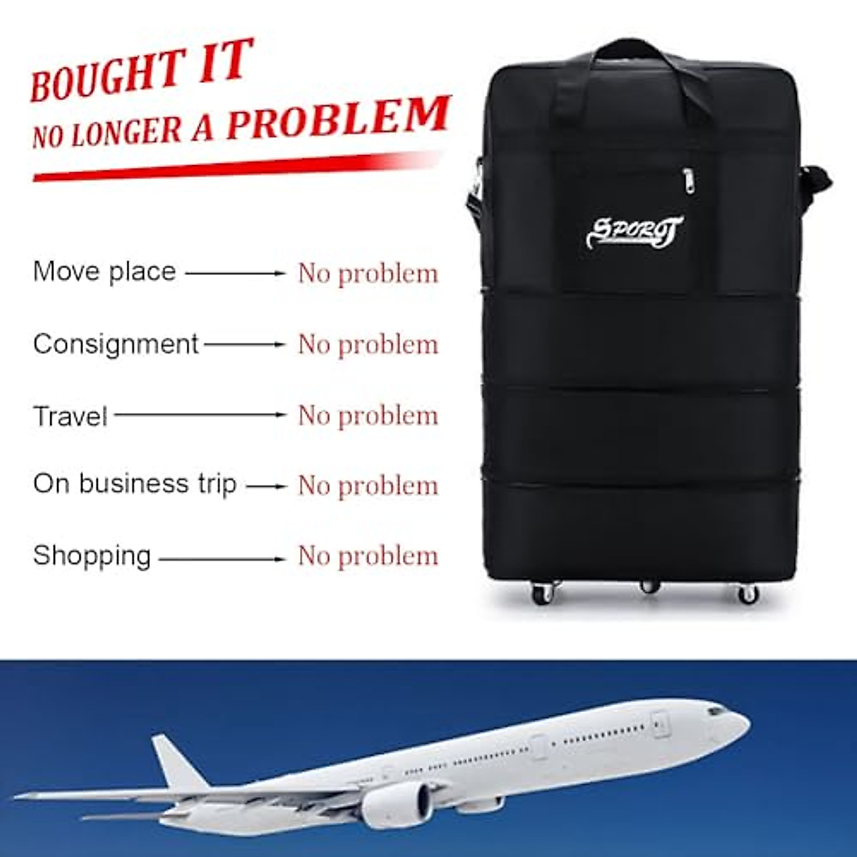 Expandable Rolling Wheeled Duffle Bag Spinner Suitcase Foldable Luggage Expandable (32''), Black