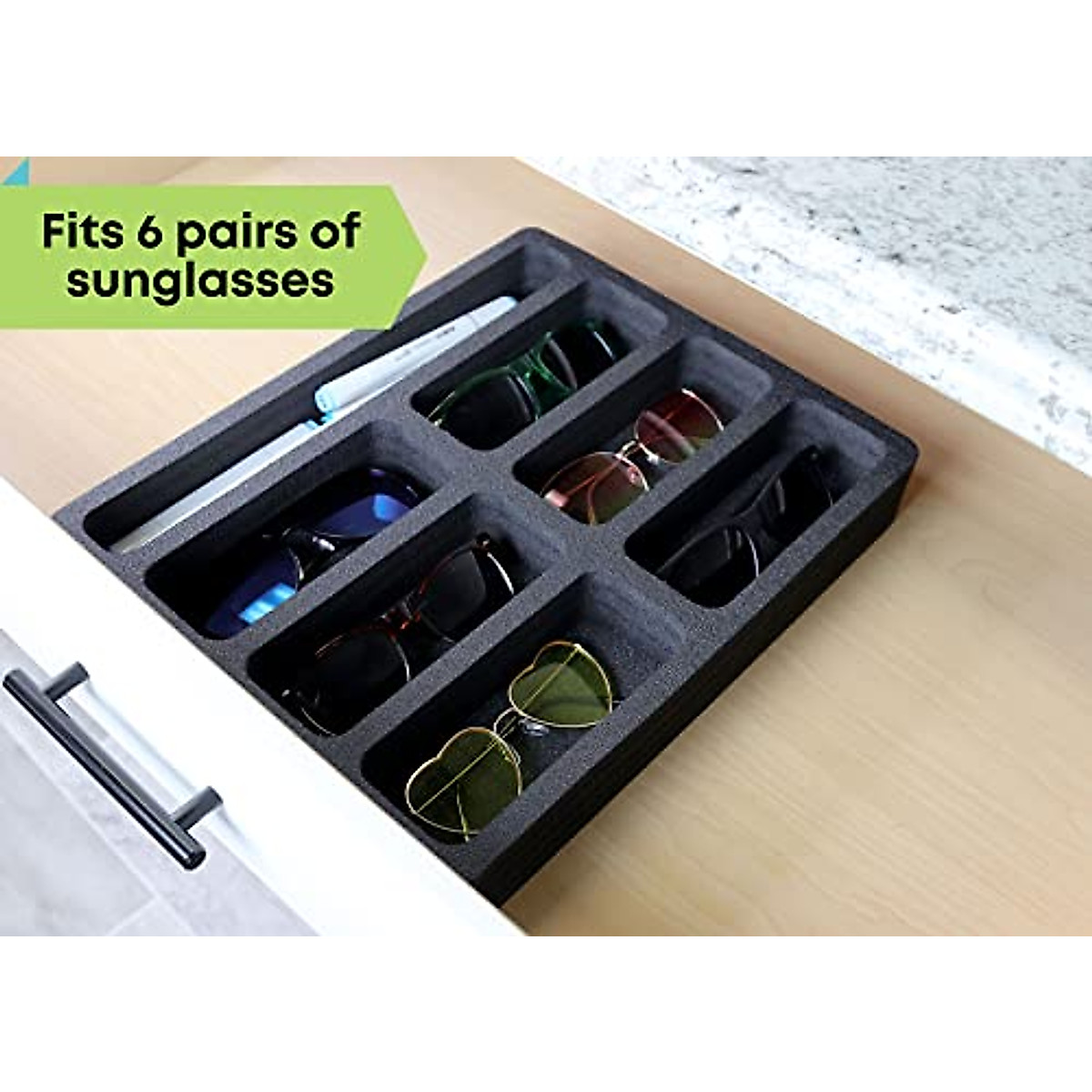 Polar Whale Sunglasses Drawer Organizer Tray Insert for Home Bedroom Bathroom Vanity Dresser Counter Table Waterproof Washable Black Foam 6 Compartment 11.5 x 14.5 Inches