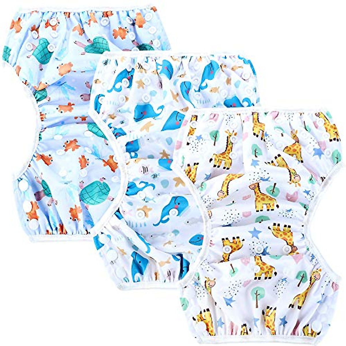 Leekalos One Size Adjustable Reusable Swim Diaper Boys & Girls, Swim Diapers for Baby Shower Gifts & Swimming Lessons, Pack of 3 (Fish, Giraffe, Whale, Small)