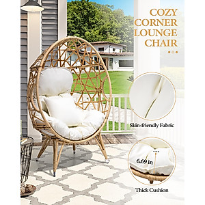 Crestlive Products Patio Wicker Egg Chair with Cushion and Pillow, Oversized Rattan Hanging Basket Lounge Chair with Legs, Teardrop Cuddle for Indoor Outdoor Bedroom Garden Deck Balcony (Beige)