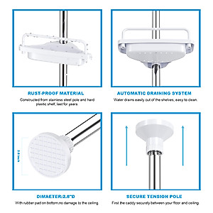FRDECON Rustproof Shower Caddy Corner for Bathroom, 4-Tier Tension Pole Stainless Steel Shower Organizer, 56 to 115 Inch Adjustable Bathtub Shower Shelf Storage with 1 Tower Bar, White