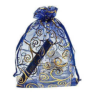 Ankirol 100pcs Sheer Organza Favor Bags 5x7'' for Wedding Bags Samples Display Drawstring Pouches (Blue-Gold Swirl)