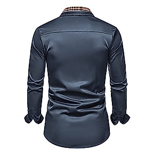 Mens Plaid Long Sleeve Button Down Shirt Casual Turn-Down Collar Slim Fit Shirts Stylish Business Dress Shirts (Dark Blue,XX-Large)