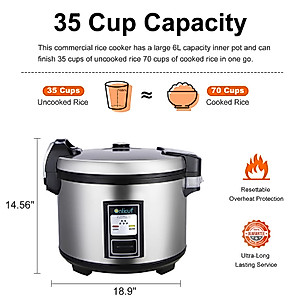 Onlicuf Commercial Rice Cooker 70-Cup Cooked (35-Cup Uncooked) Stainless Steel Housing 1550W for Restaurant