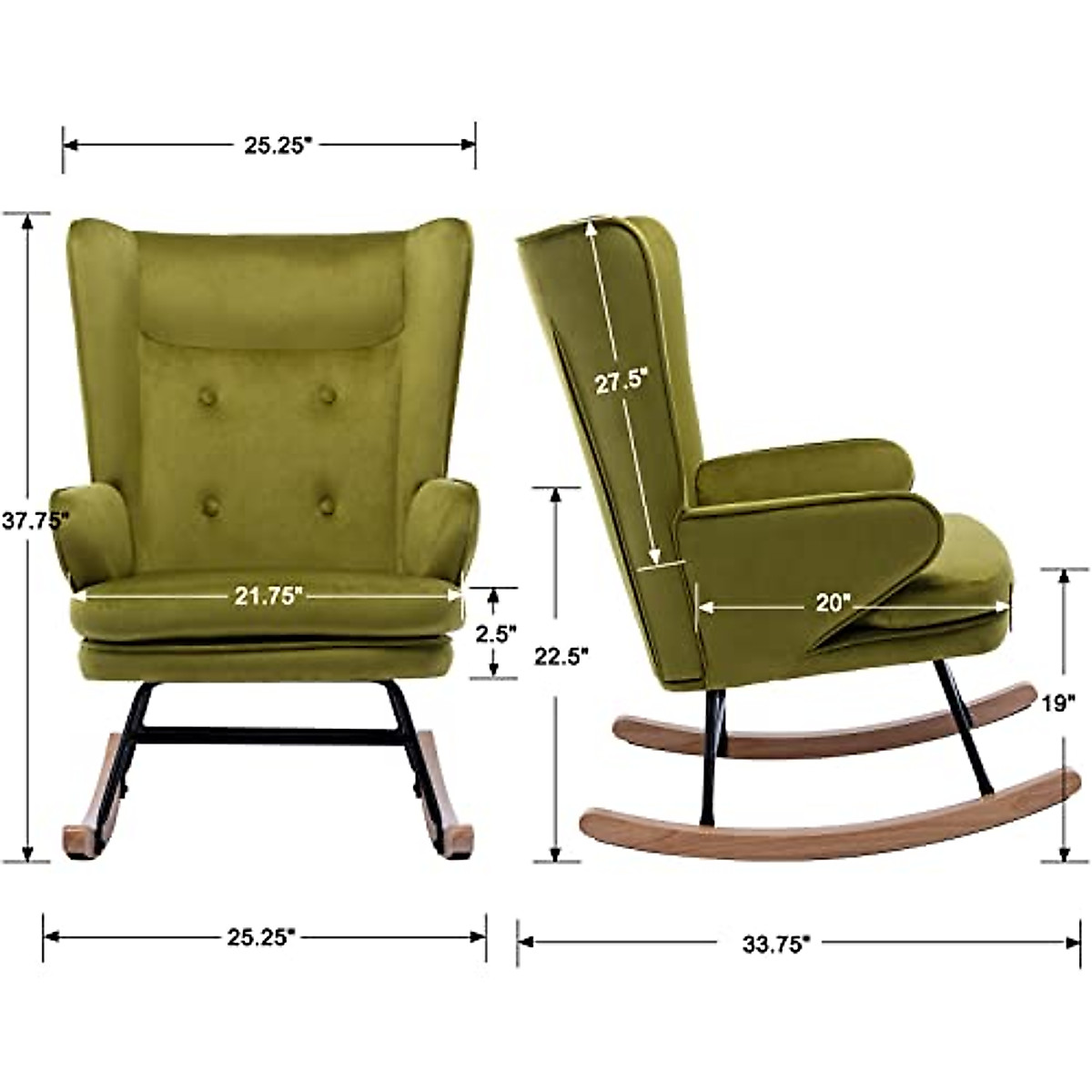 QUINJAY Modern Small Rocking Chair Living Room Chair, Upholstered Velvet Rocking Chair for Nursery with Safe Solid Wood Base, Tufted Wingback Armrests Rocker Lounge Glider for Bedroom Balcony, Green