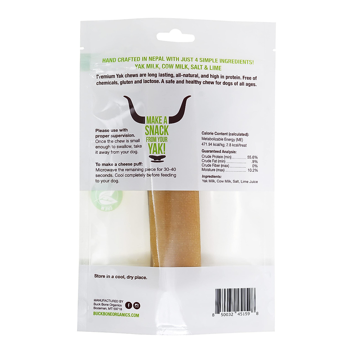 Buck Bone Organics Yak Cheese Chews for Dogs, All Natural Himalayan Yak Chew, Long Lasting Pet Treats, Odor Free, with Limited Ingredients (1 Ex Large Stick)