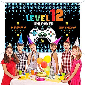 HAMIGAR 6x4ft Happy 12th Birthday Baner Backdrop - Level 12 Unlocked Birthday Decorations Party Supplies for Boys - Blue