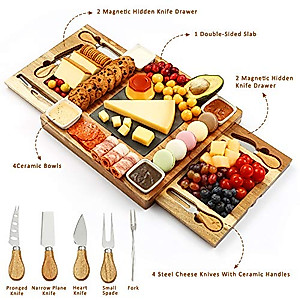 Cheese Board Set & Knife Set,Wood Charcuterie Boards,Cheese Tray with Cutlery in Double Slide-Out Drawer,Cheese Plates for Charcuterie,Wine,Crackers, Brie,Meat,Gift for Valentine,Wedding,Housewarming