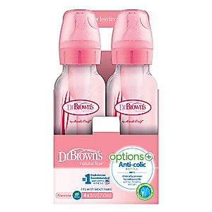 Dr. Brown’s Natural Flow® Anti-Colic Options+™ Narrow Baby Bottles, 8 oz/250ml, with Level 1 Slow Flow Nipple, 4 Pack, Pink/Clear
