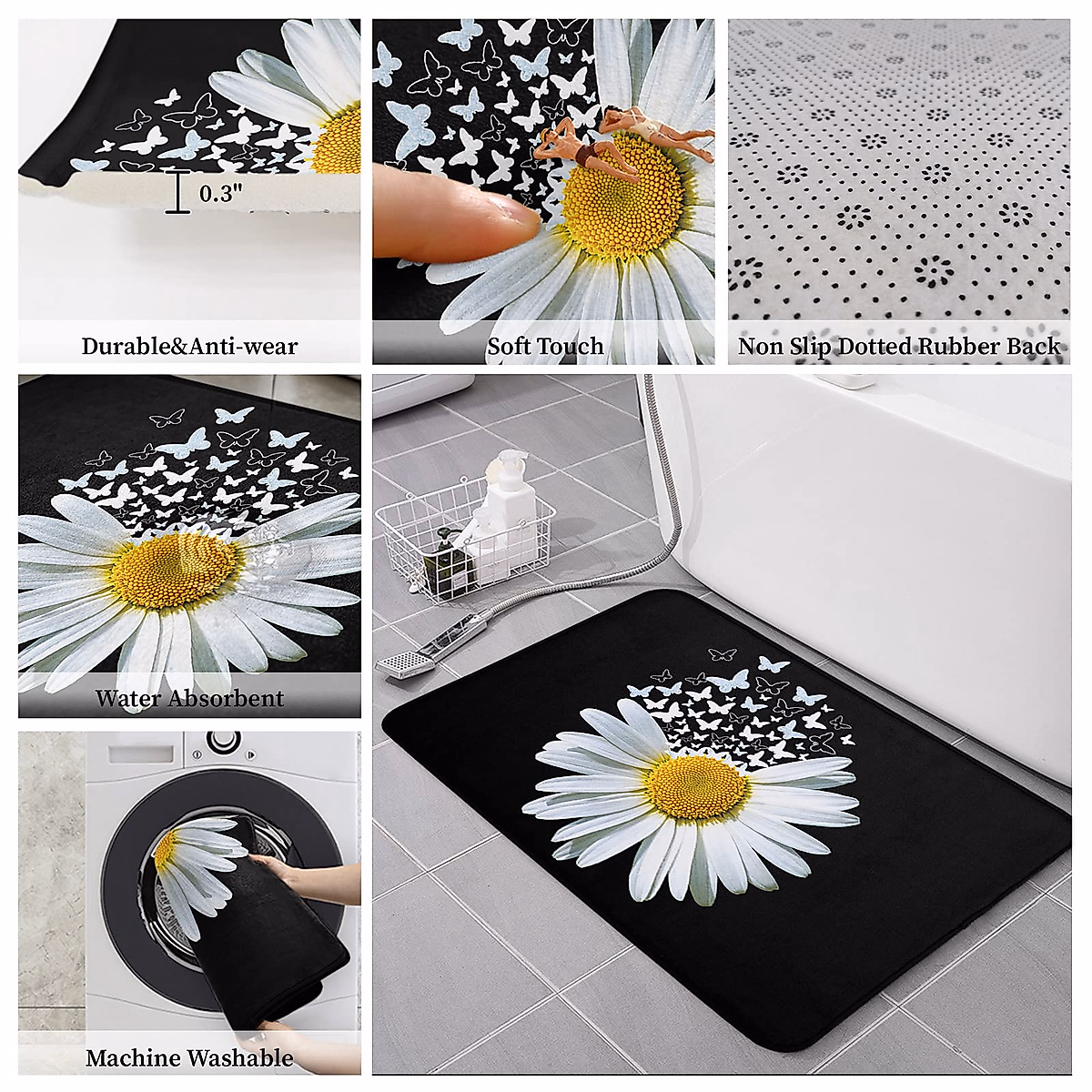 White Daisy Kitchen Mat Set of 2, Anti Fatigue Comfort Floor Mats for Kitchen Living Room Laundry Waterproof Non Skid Standing Rug Set, Butterfly Petals