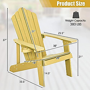 Giantex Outdoor Adirondack Chair - Oversized Patio Chairs w/Hidden Cup Holder, Realistic Wood Grain, 380 LBS Weight Capacity, Weather Resistant Firepit Chairs for Backyard, Garden (1, Yellow)